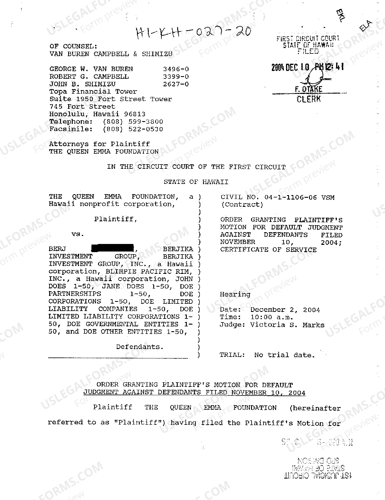 Hawaii Order Granting Plaintiff's Motion for Default Judgment Against Defendants | US Legal Forms