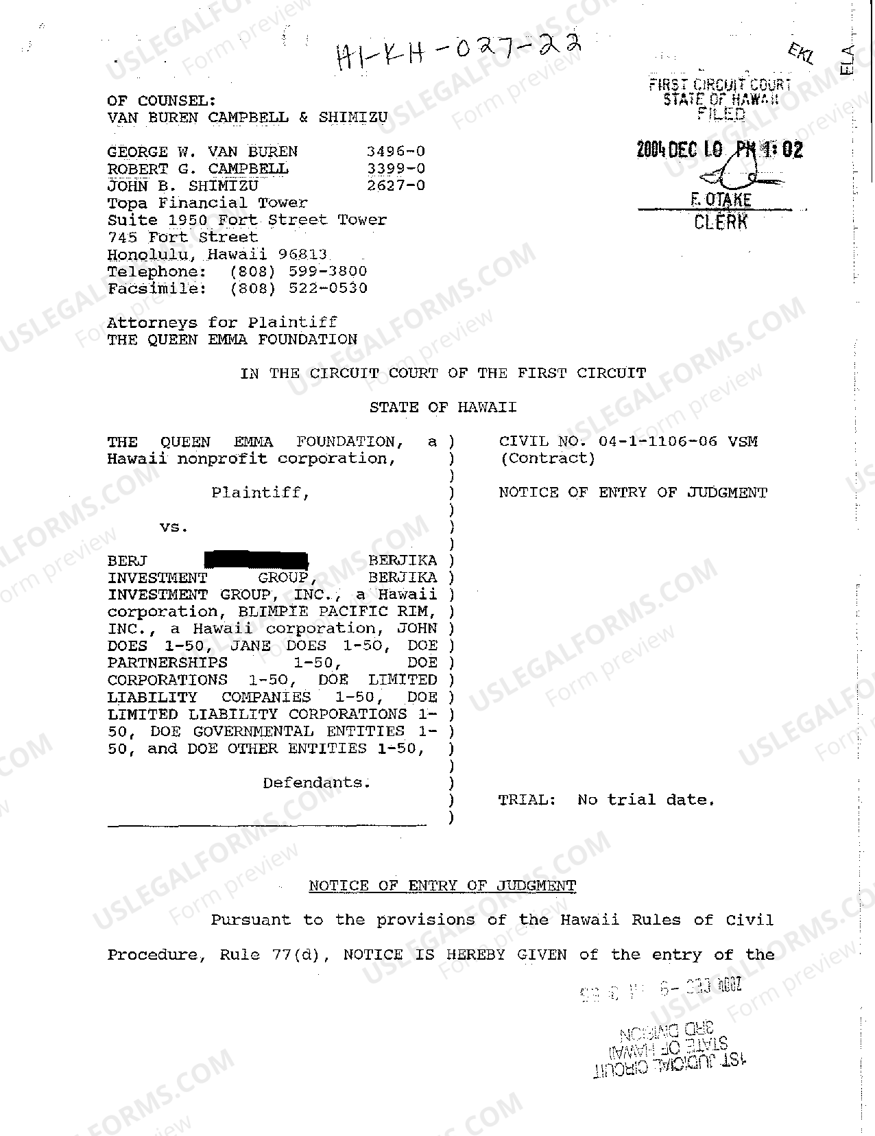 Hawaii Notice of Entry of Judgment | US Legal Forms
