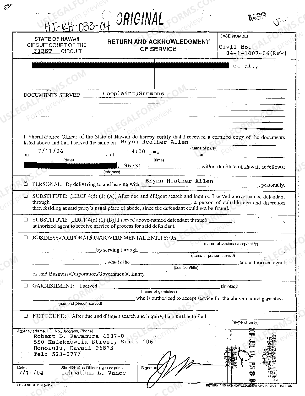 Hawaii Return and Acknowledgment of Service | US Legal Forms