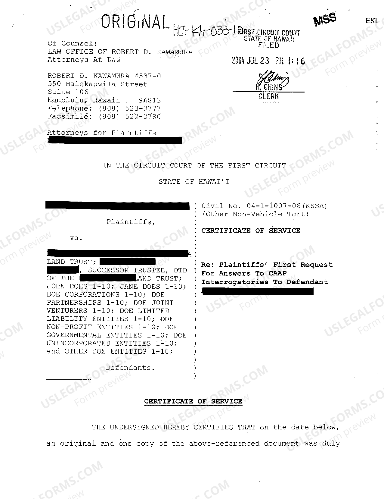 Hawaii Certificate of Service of Plaintiff's First Request for Answers ...