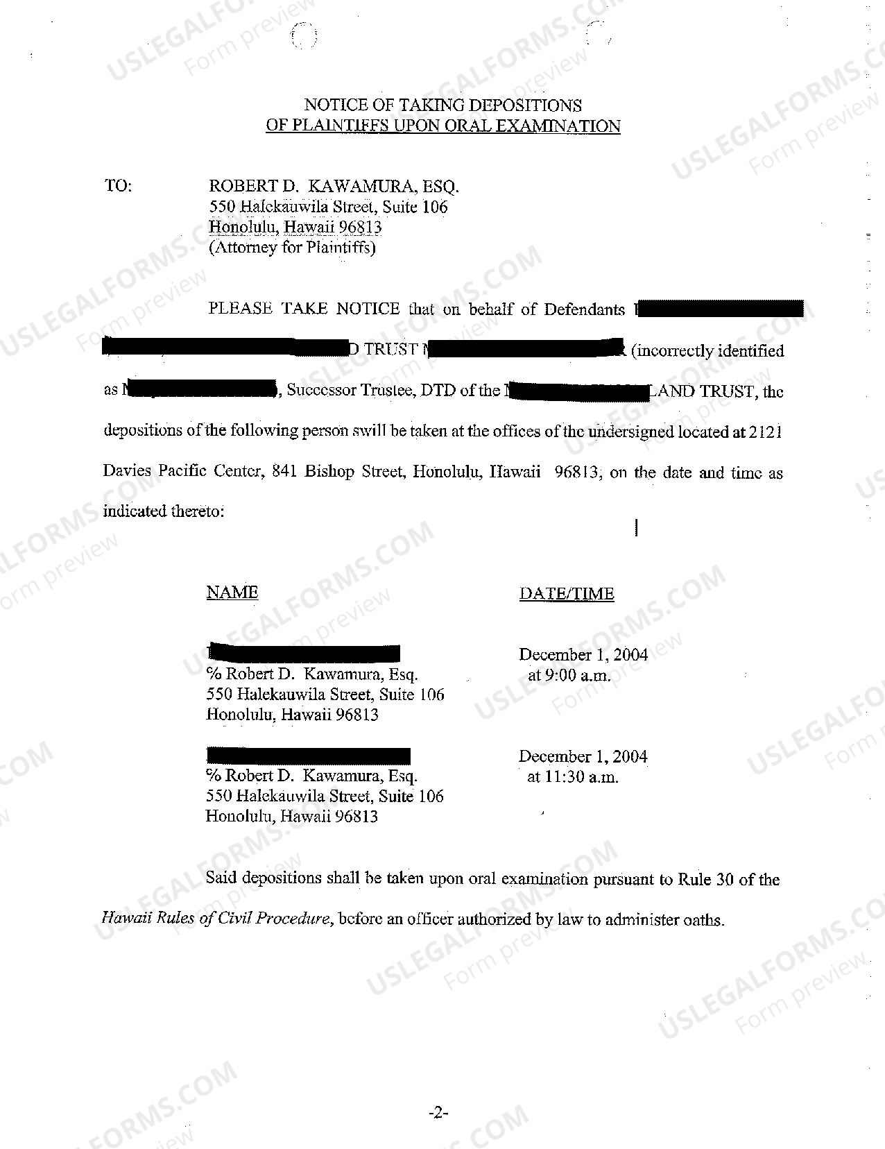 Hawaii Notice of Taking Depositions of Plaintiffs Upon Oral Examination ...