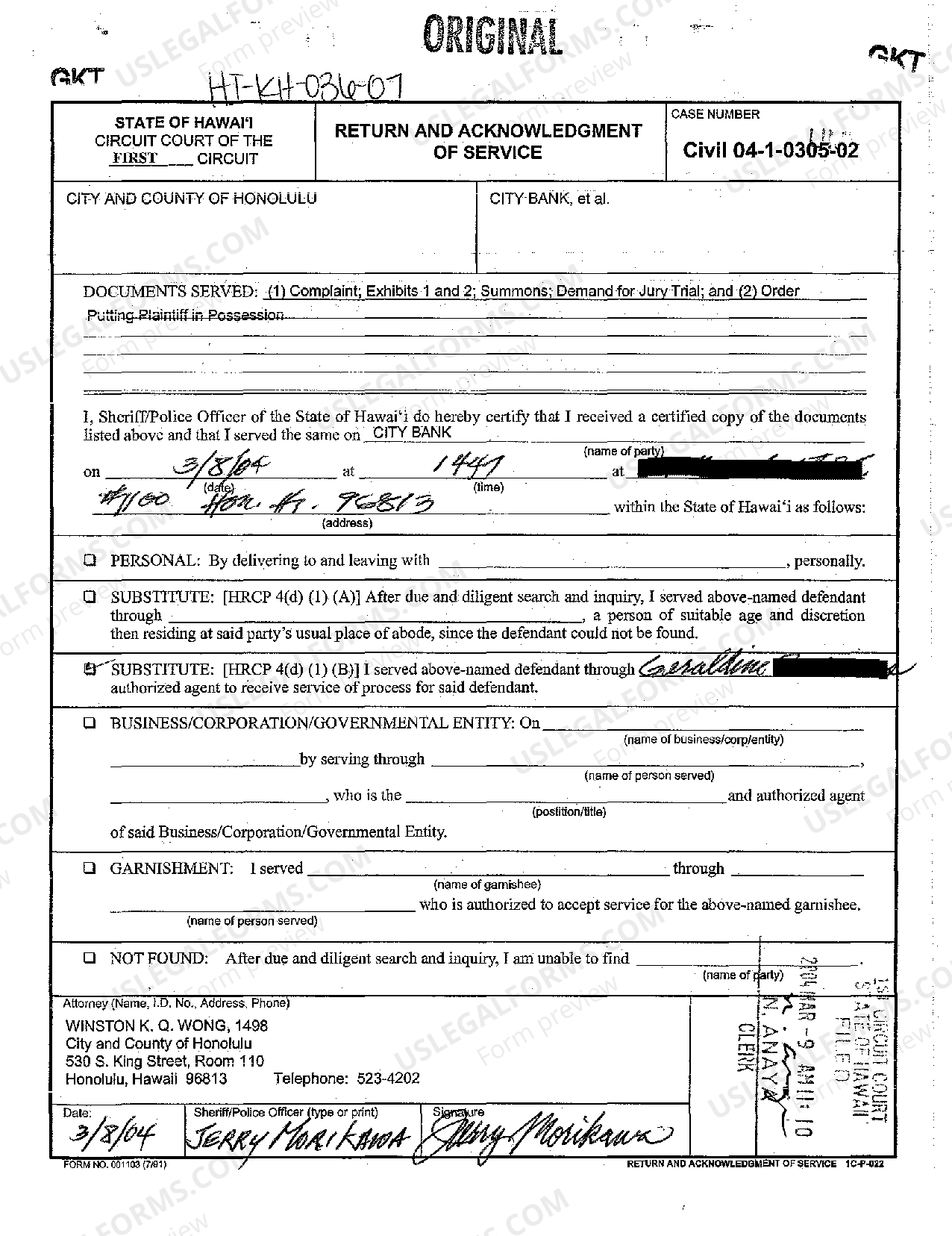 Hawaii Return and Acknowledgment of Service | US Legal Forms