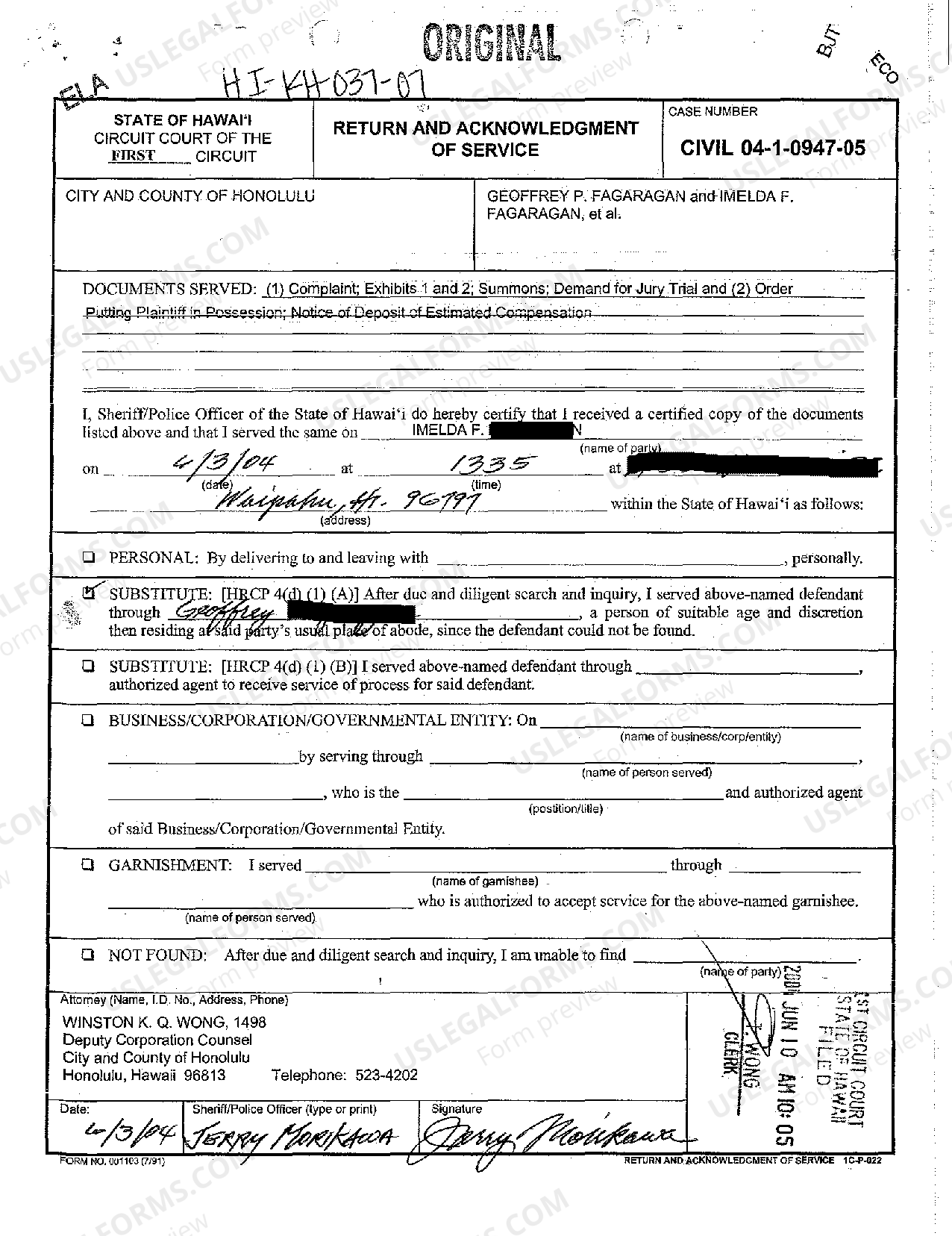 Hawaii Return and Acknowledgment of Service | US Legal Forms