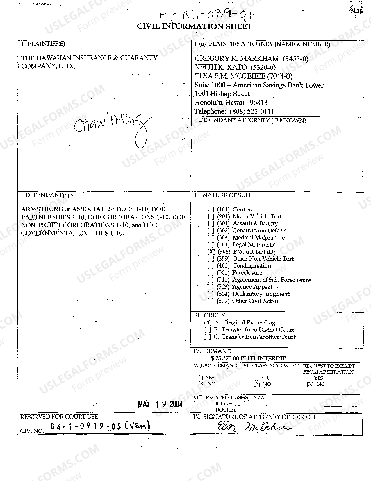 Hawaii Civil Information Sheet | US Legal Forms
