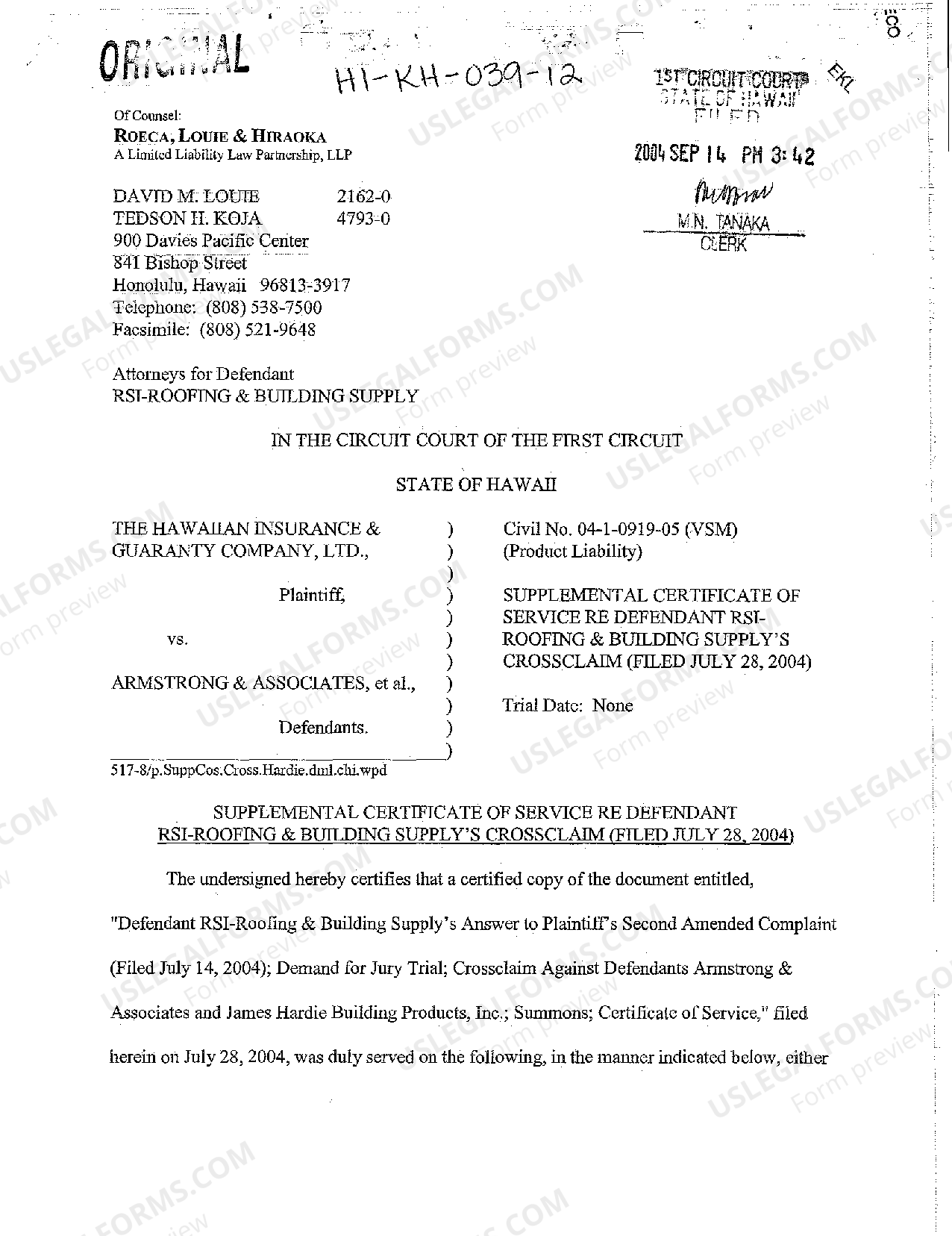 Hawaii Supplemental Certificate of Service Re Defendant's Crossclaim ...