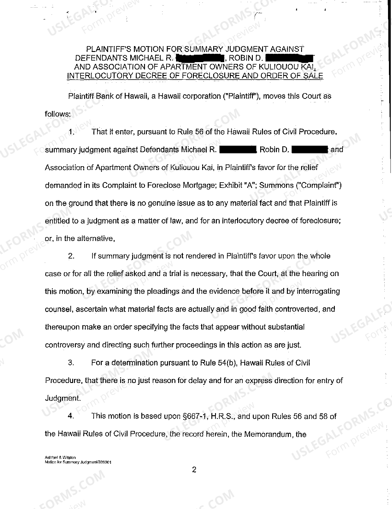 Hawaii Plaintiff's Motion for Summary Judgment Against Defendants Decree, Interlocutory Decree ...