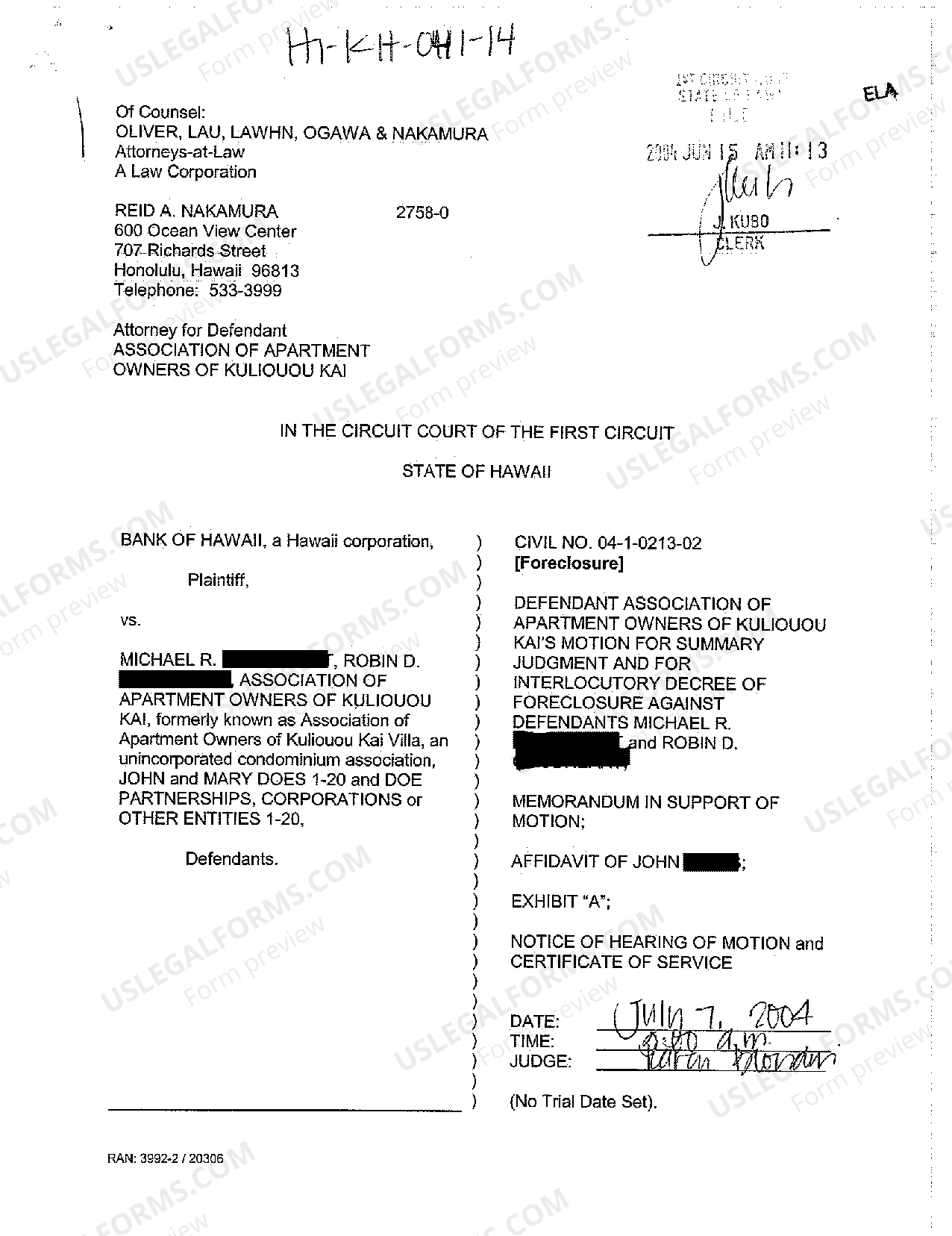 Hawaii Defendant's Motion for Summary Judgment and for Interlocutory ...