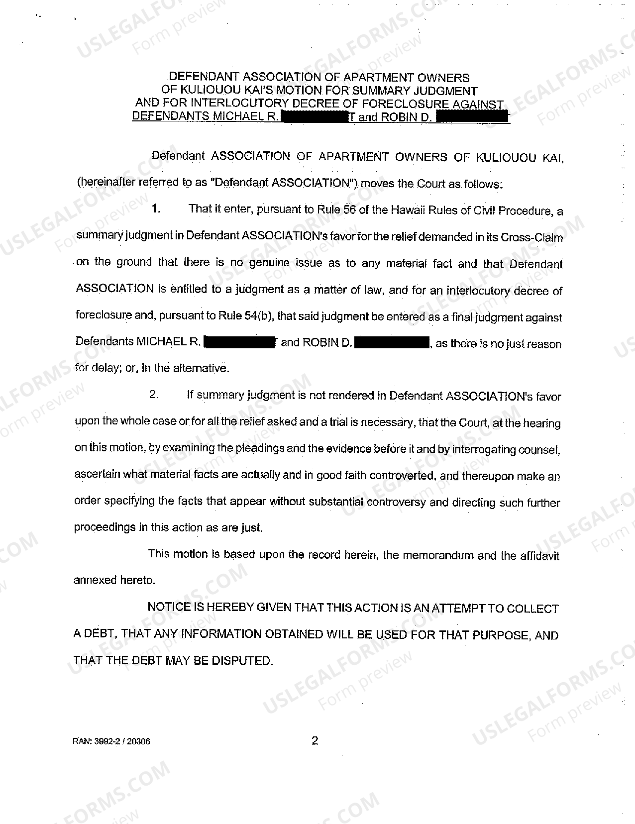 Hawaii Defendant's Motion for Summary Judgment and for Interlocutory Decree of Foreclosure ...