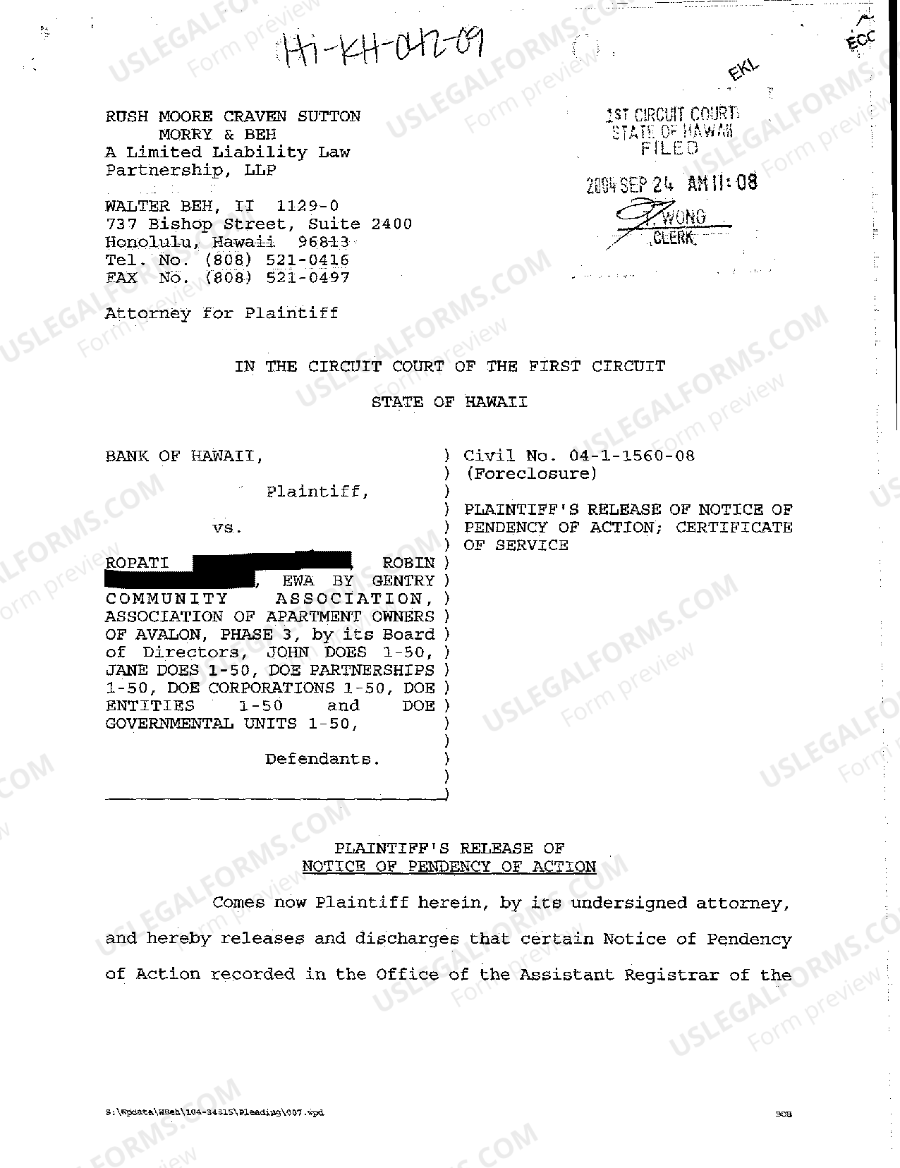 Hawaii Plaintiff's Release of Notice of Pendency of Action - Lis ...