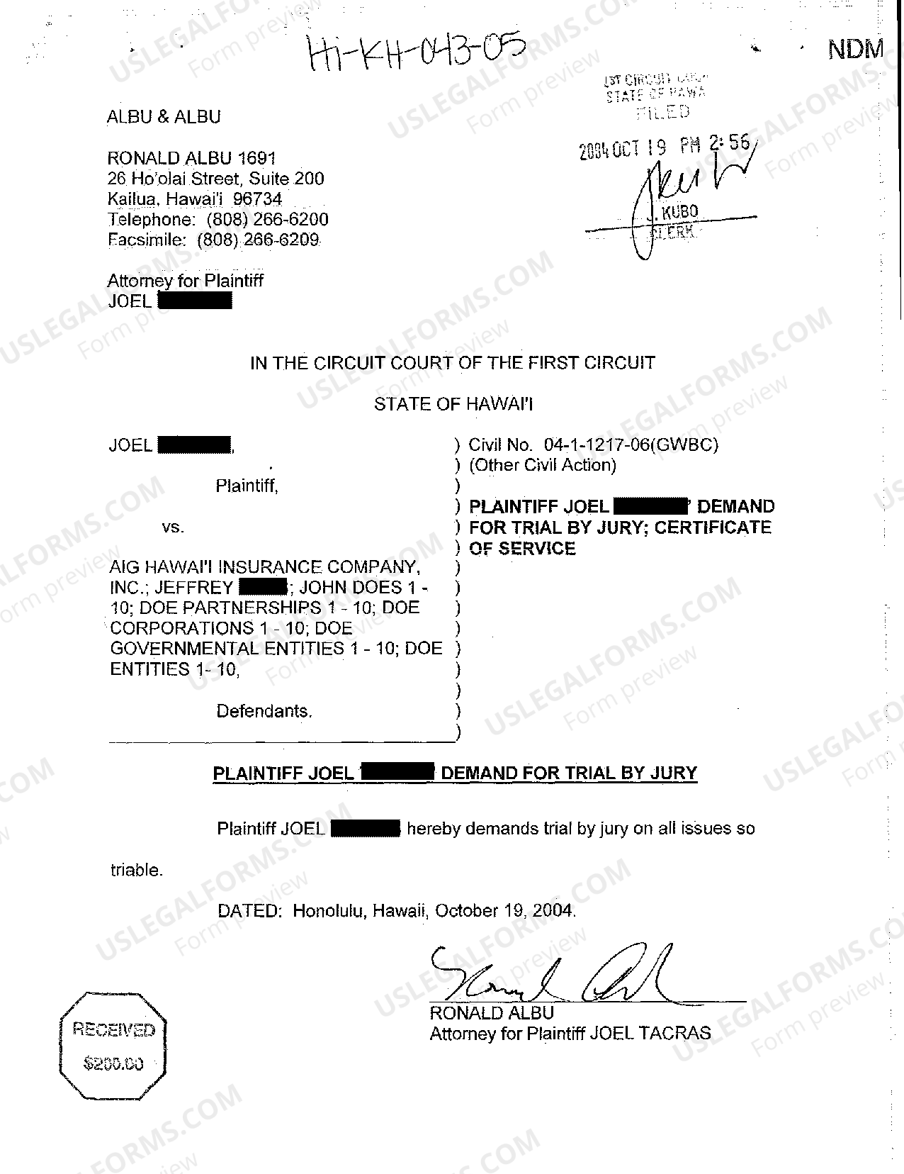 Hawaii Plaintiff's Demand for Trial by Jury | US Legal Forms