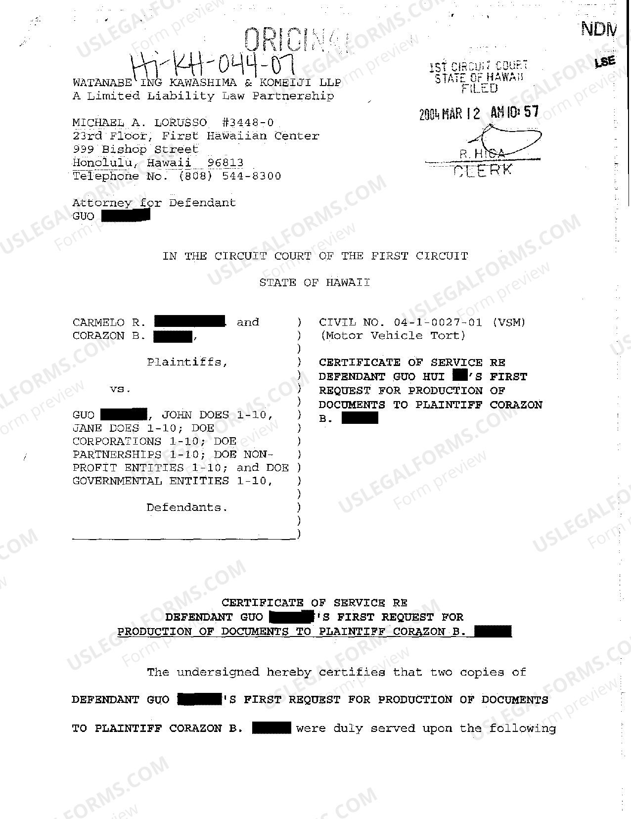 Hawaii Certificate of Service Re Defendant's First Request for ...