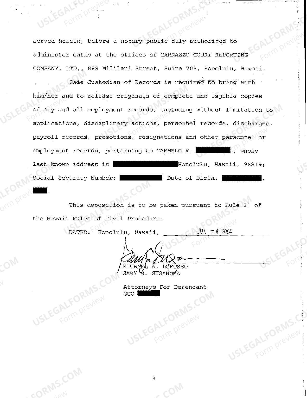 Hawaii Notice of Taking Deposition Upon Written Questions, Questions ...