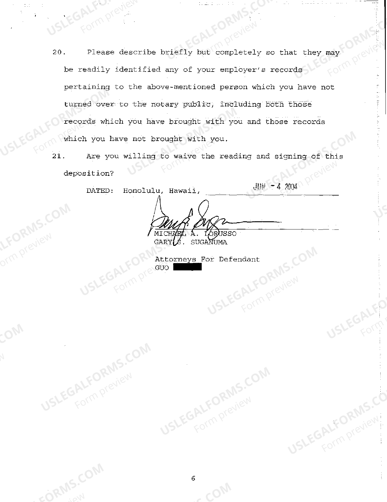 Hawaii Notice of Taking Deposition Upon Written Questions, Questions ...