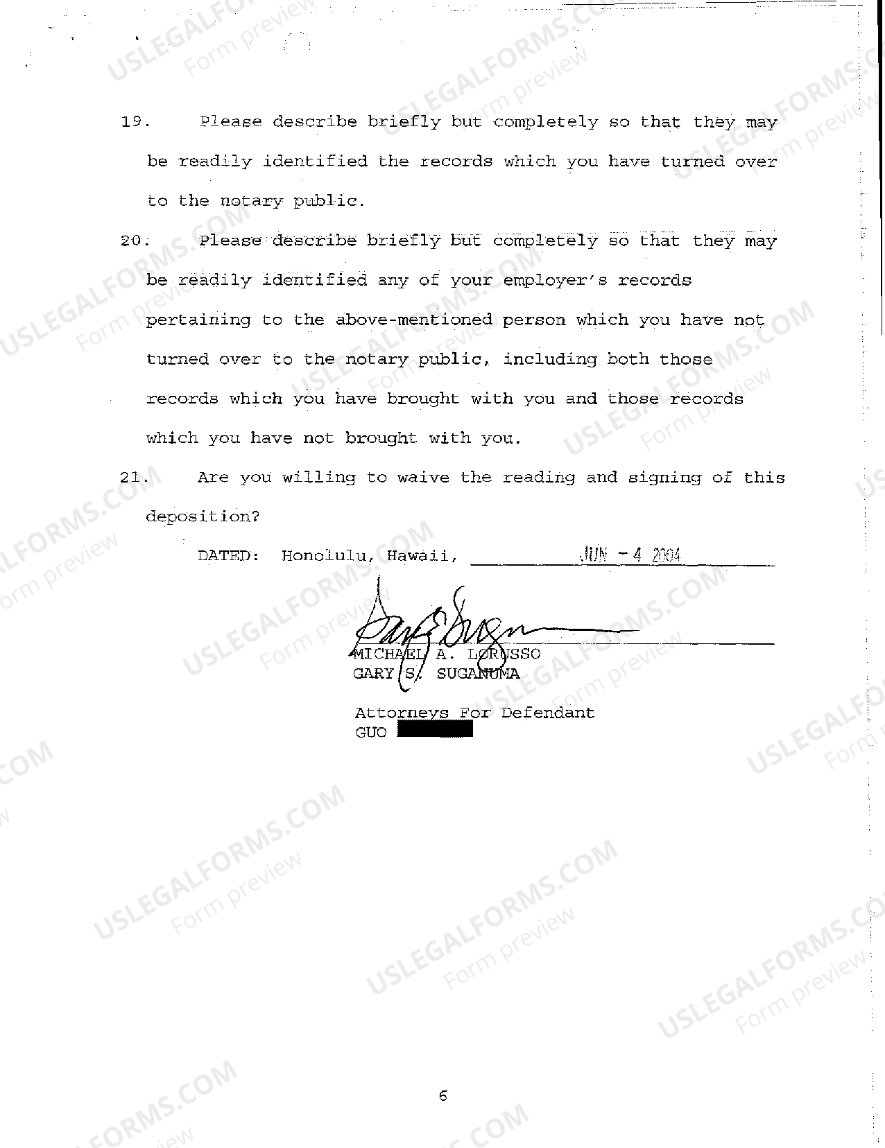 Hawaii Notice of Taking Deposition Upon Written Questions, Questions ...