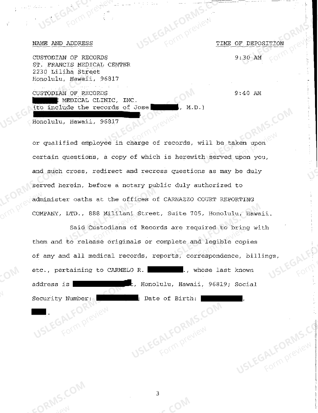 Hawaii Notice of Taking Deposition Upon Written Questions, Questions ...