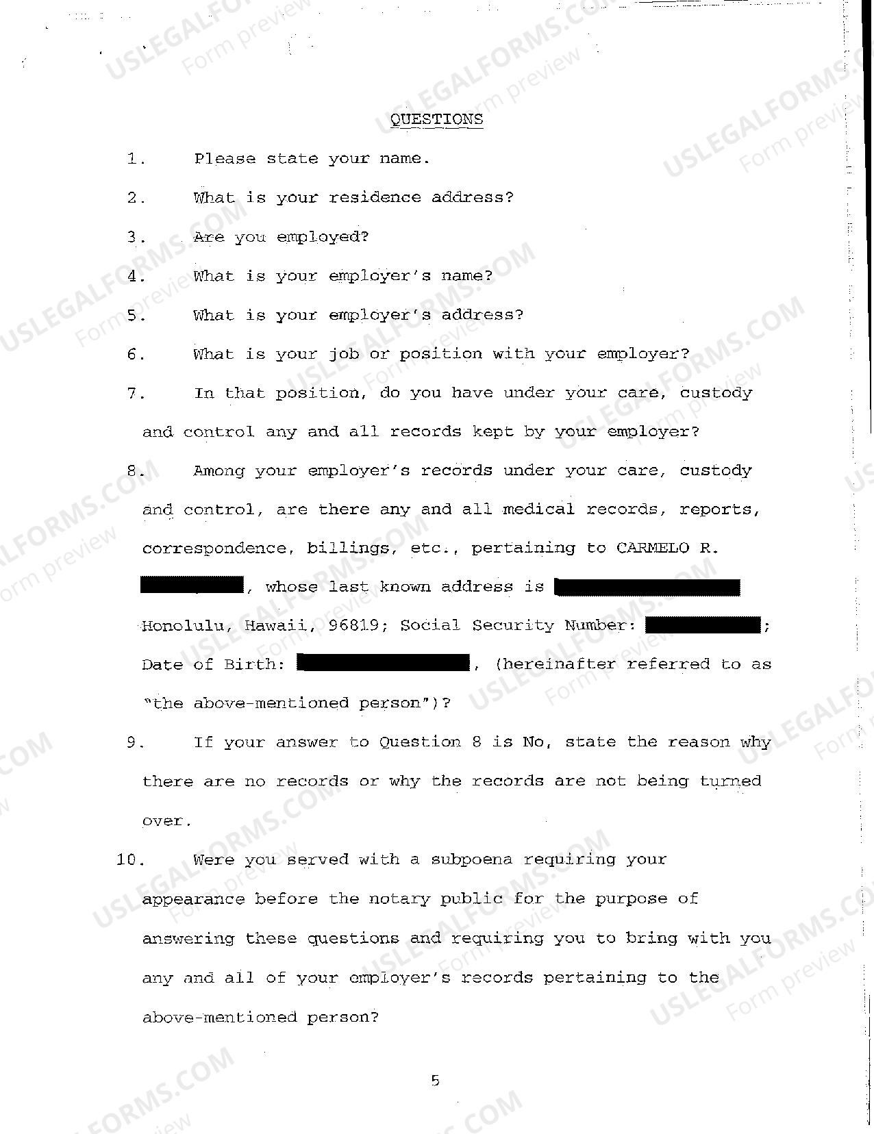 Hawaii Notice of Taking Deposition Upon Written Questions, Questions ...