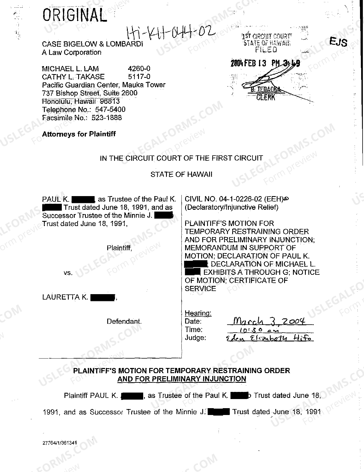 Hawaii Plaintiff's Motion for Temporary Restraining Order and for ...