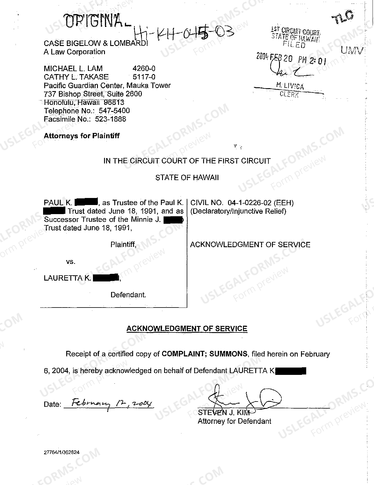 Hawaii Acknowledgment of Service | US Legal Forms