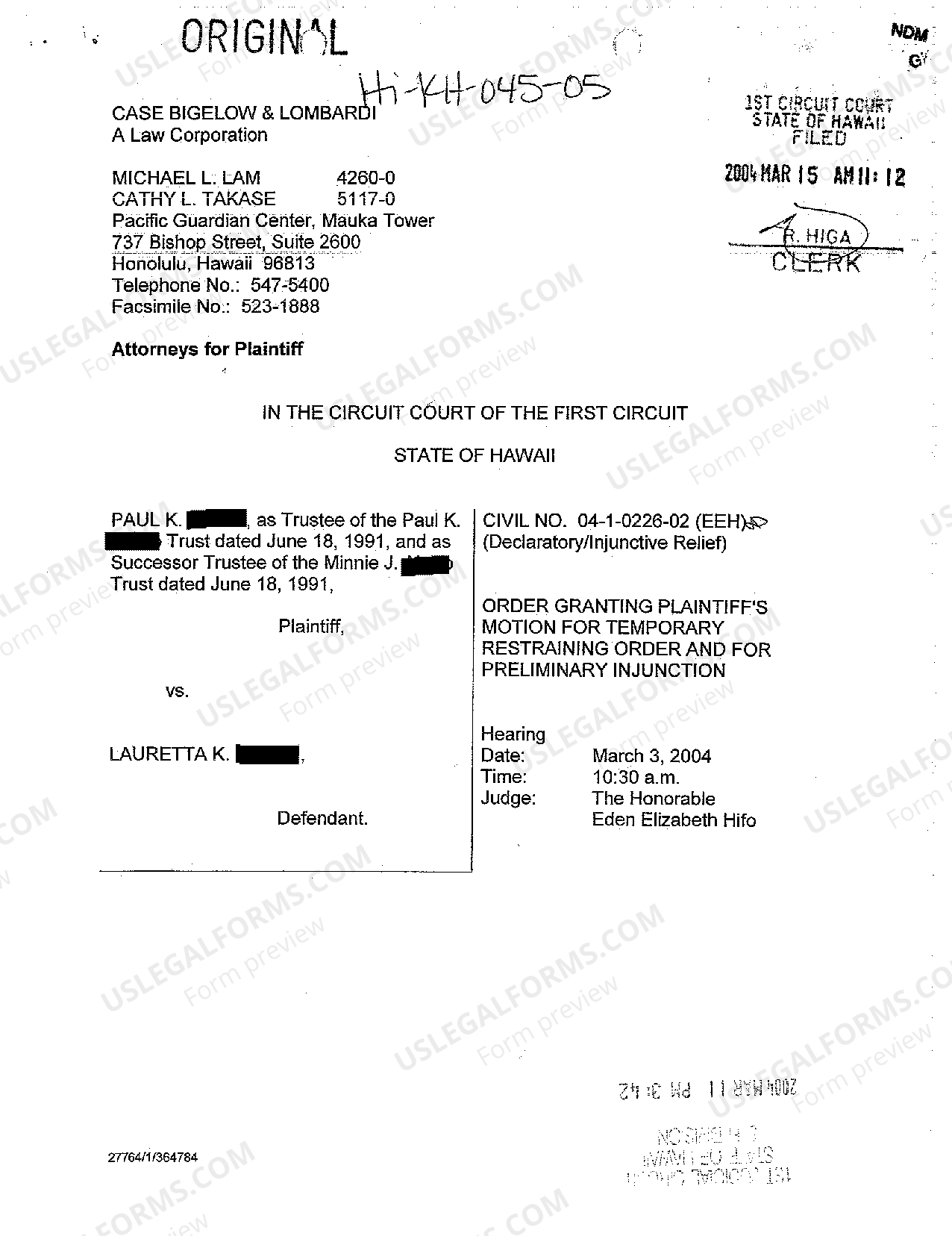 Hawaii Order Granting Plaintiff's Motion for Temporary Restraining ...