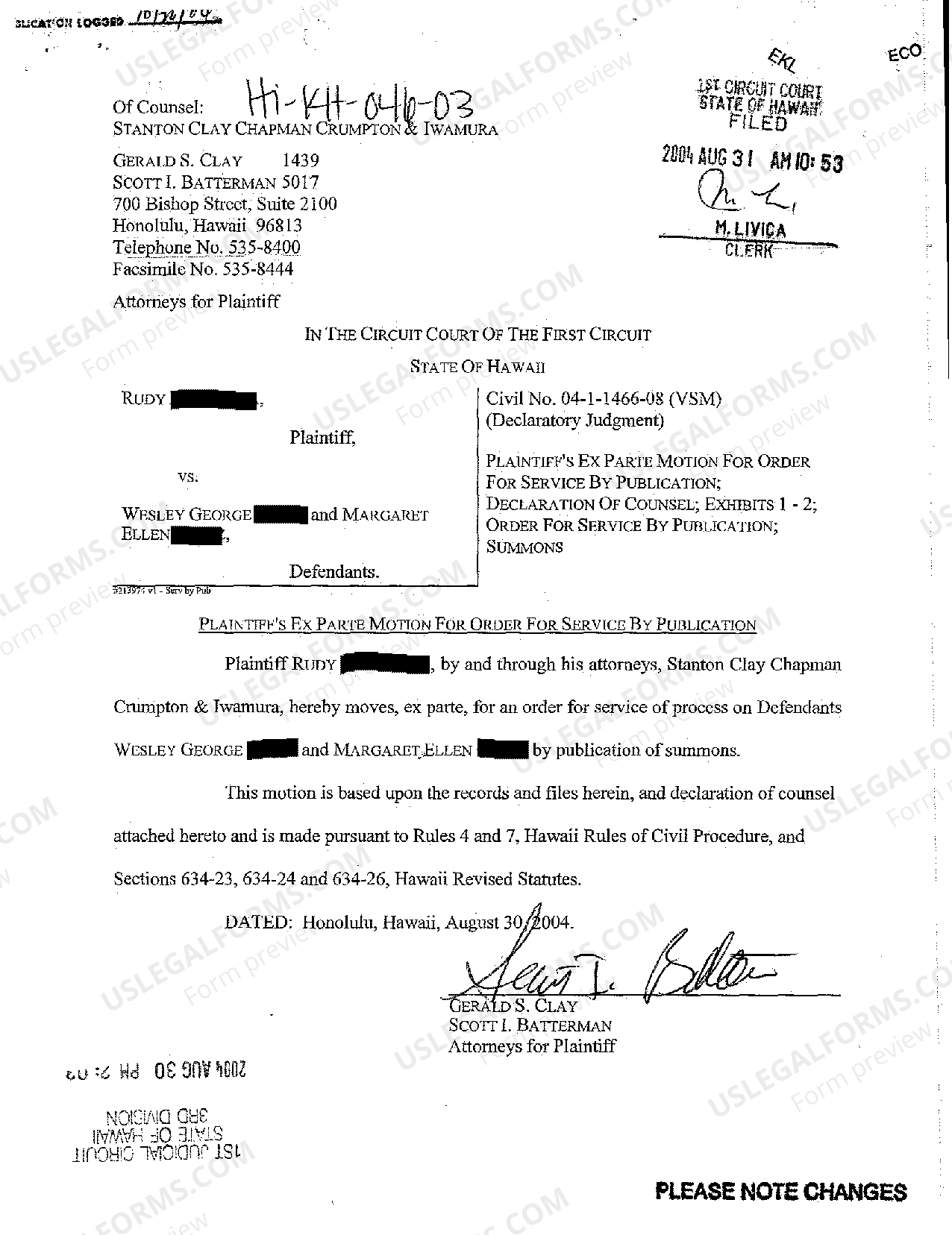 Hawaii Plaintiff's Ex Parte Motion for Order for Service by Publication ...