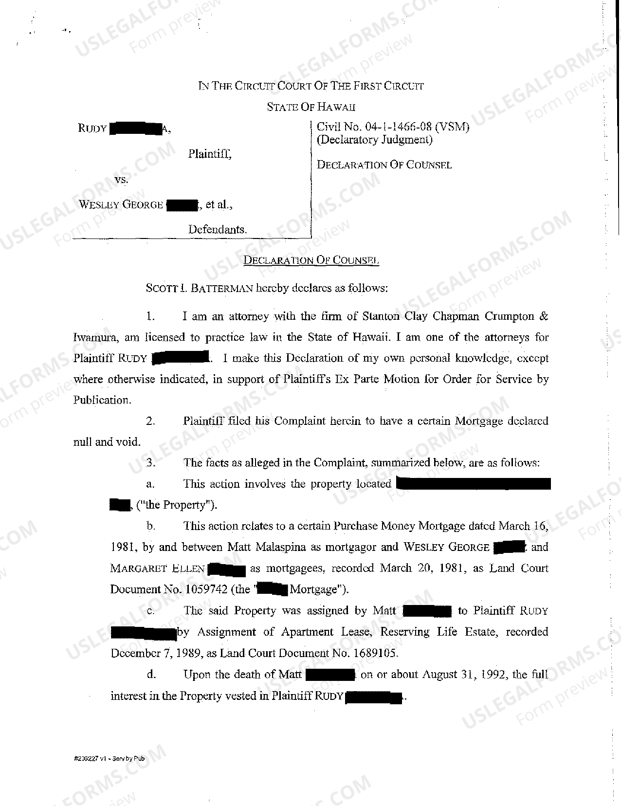 Hawaii Plaintiff's Ex Parte Motion for Order for Service by Publication ...