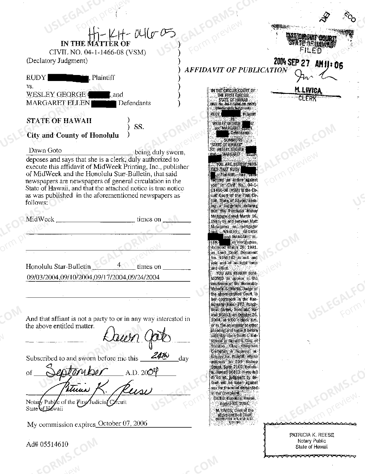 Affidavit Of Publication Sample For Oahu Hawaii Form | US Legal Forms