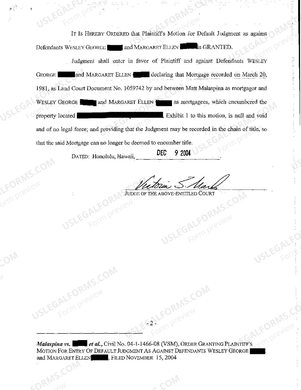 Hawaii Order Granting Plaintiff's Motion for Entry of Default Judgment as Against Defendant | US ...