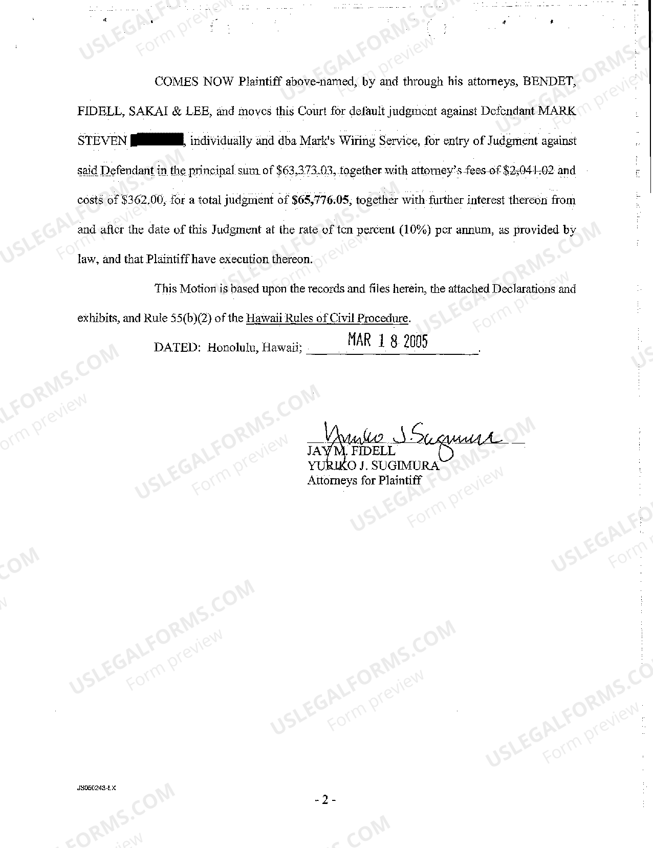 Hawaii Plaintiff's Motion for Entry of Default Judgment Against Defendant | US Legal Forms