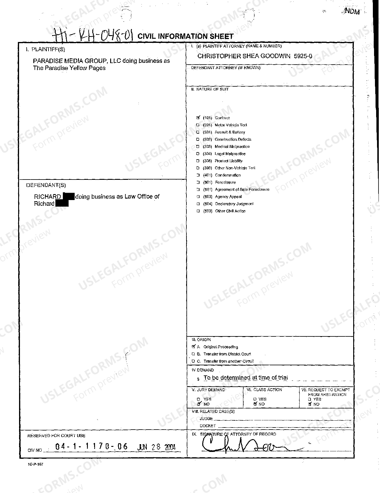 Hawaii Civil Information Sheet | US Legal Forms