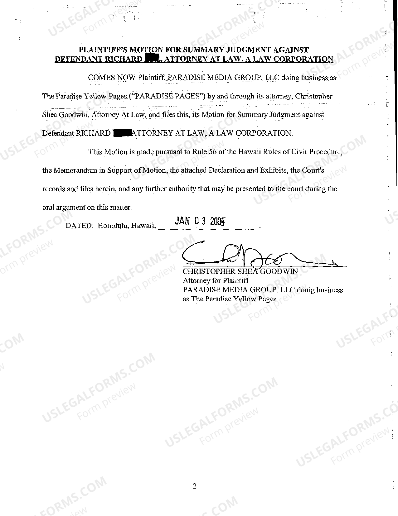 Hawaii Plaintiff's Motion for Summary Judgment Against Defendant | US Legal Forms
