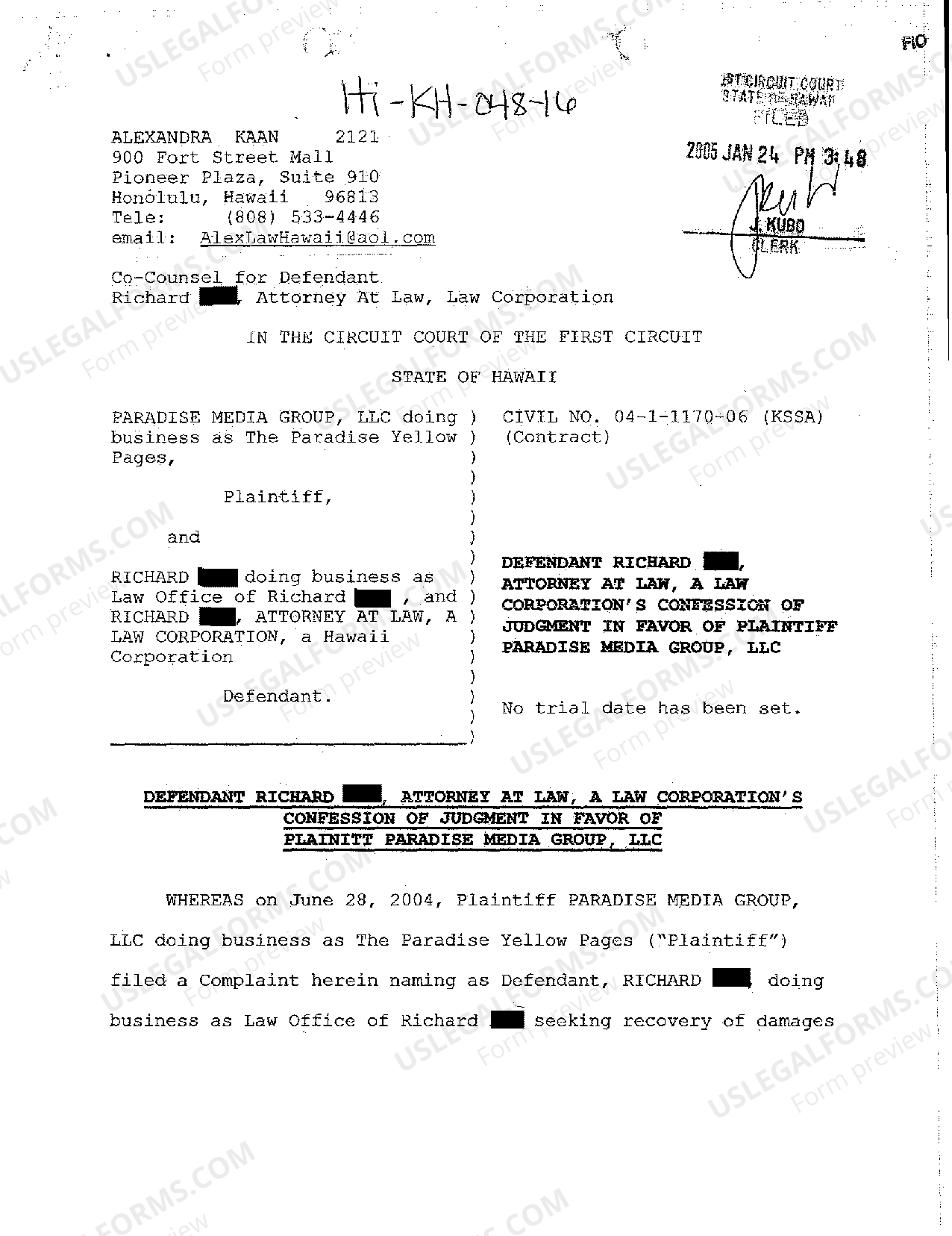 Hawaii Defendant's Confession of Judgment in Favor of Plaintiff ...