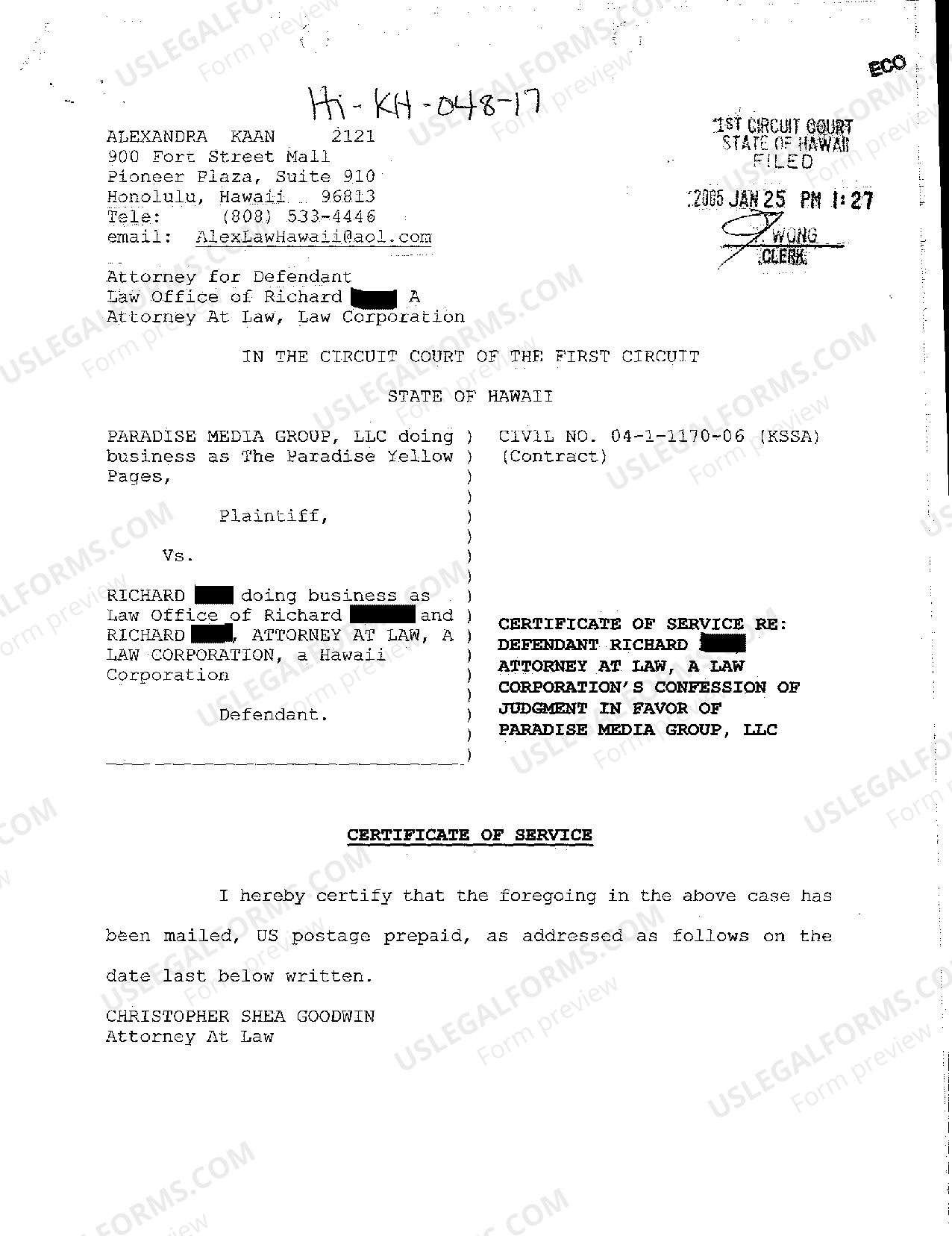 Hawaii Certificate of Service regarding Defendant's confession of ...