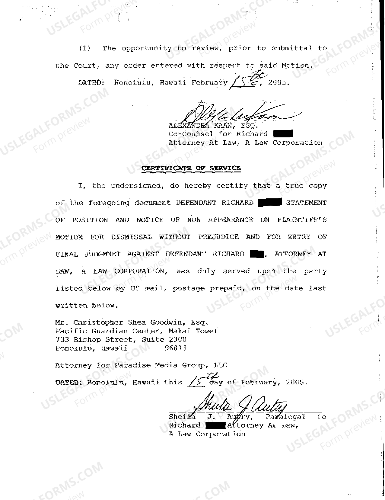 Hawaii Defendant's Statement of Position and Notice of Nonappearance on Plaintiff's Motion for ...