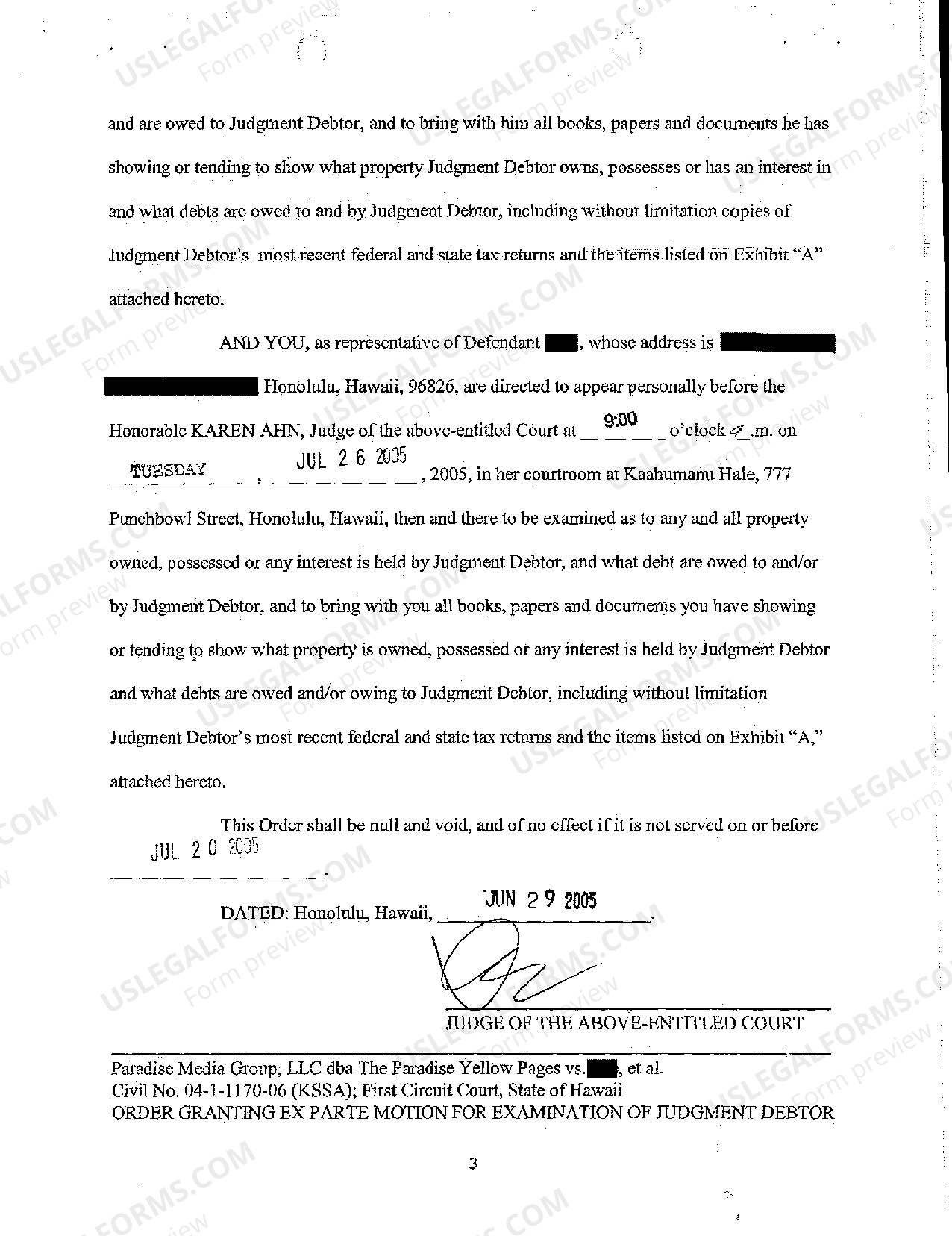 Hawaii Ex Parte Motion for Examination of Judgment Debtor | US Legal Forms