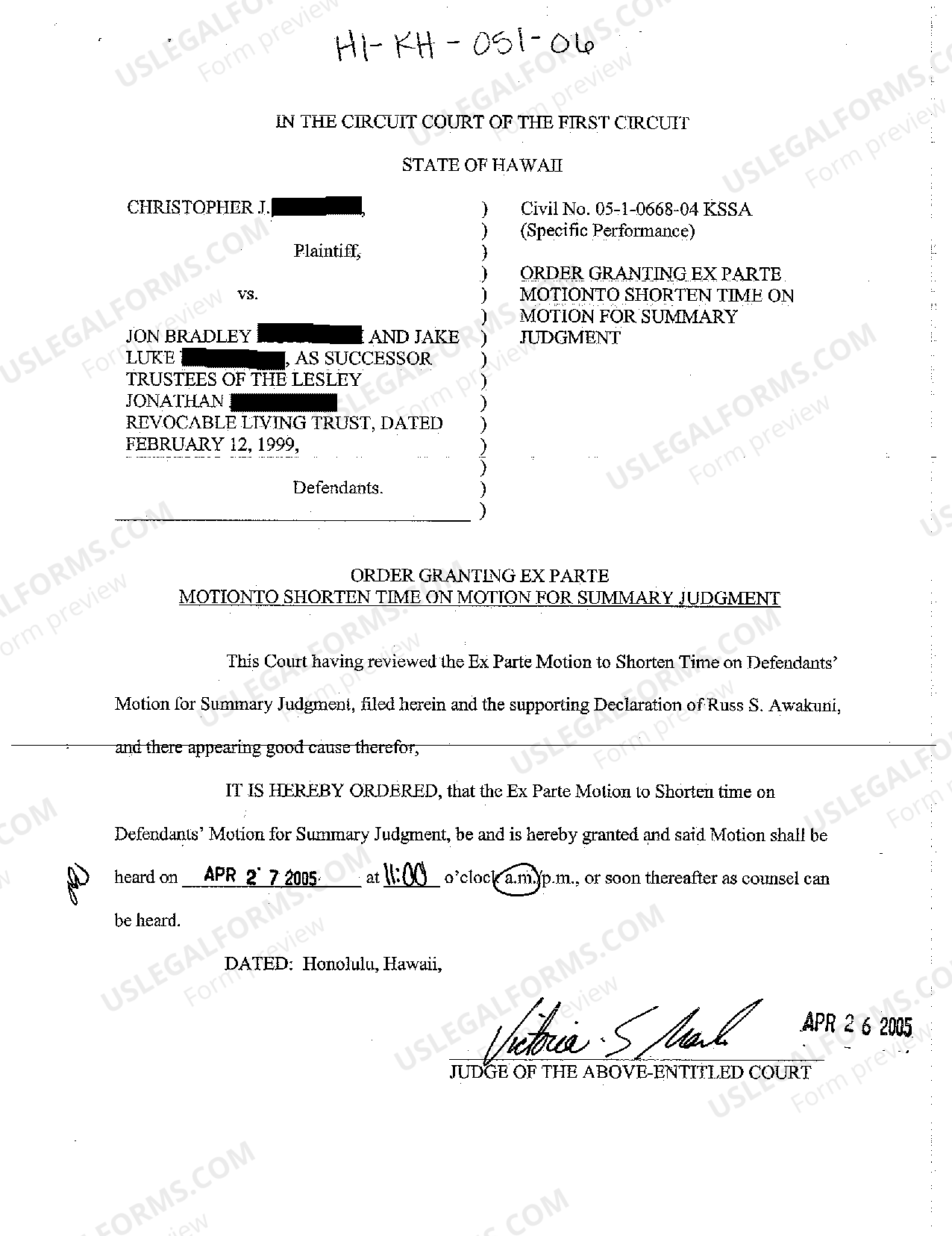 Hawaii Order Granting Ex Parte Motion to Shorten Time on Motion for Summary Judgment - Ex Parte ...