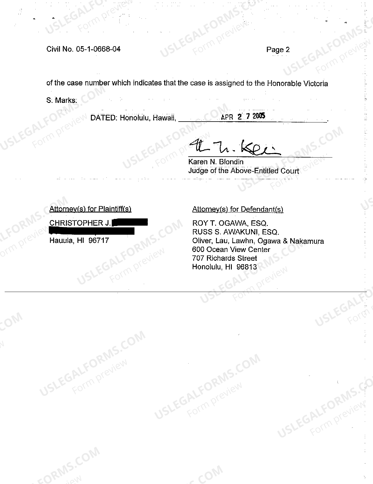 Hawaii Order of Case Reassignment | US Legal Forms