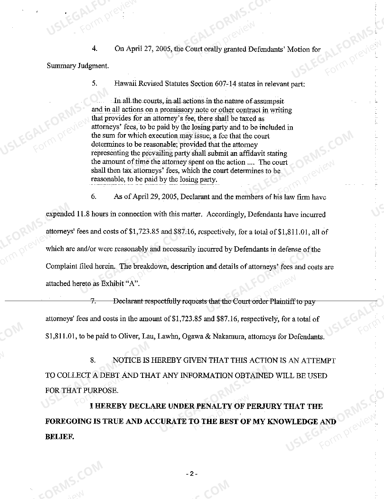 Hawaii Defendants' Motion for Attorneys' Fees and Costs | US Legal Forms