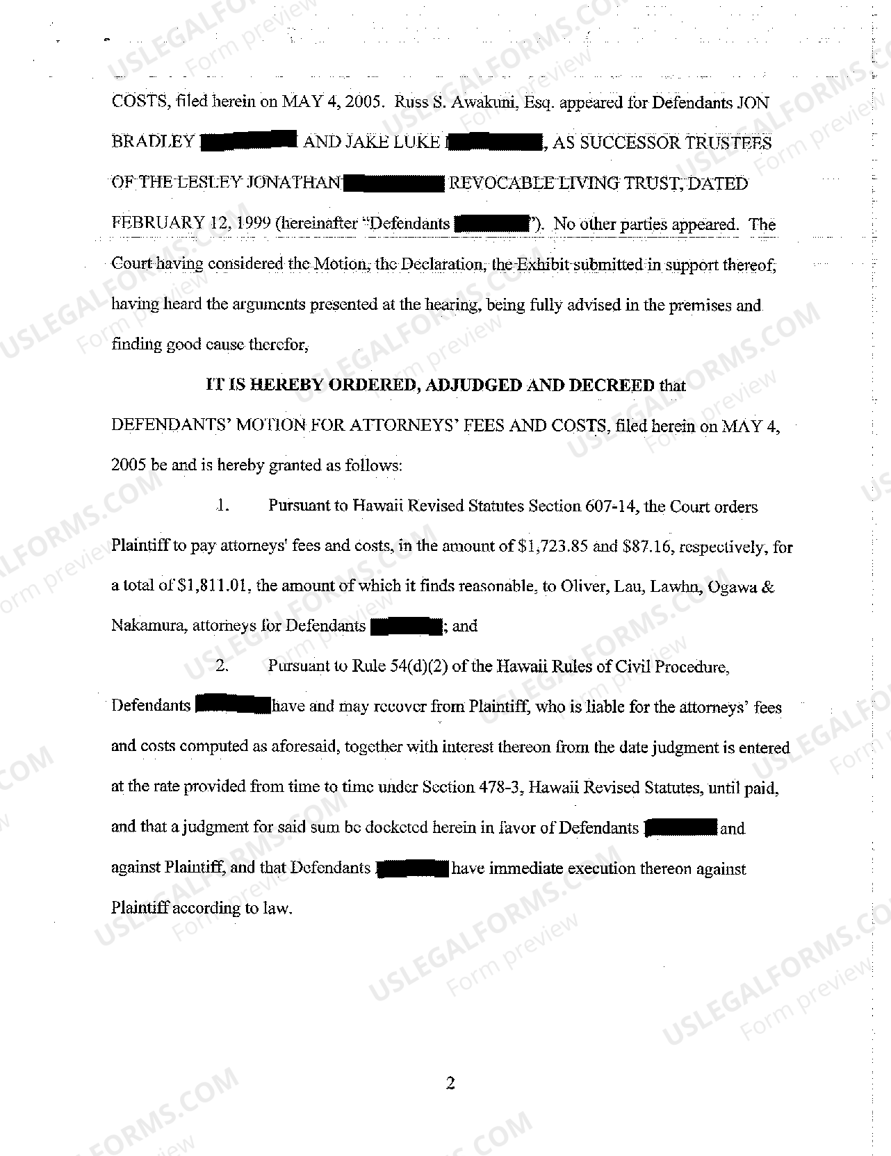Hawaii Order Granting Defendants' Motion for Attorneys' Fees and Costs | US Legal Forms