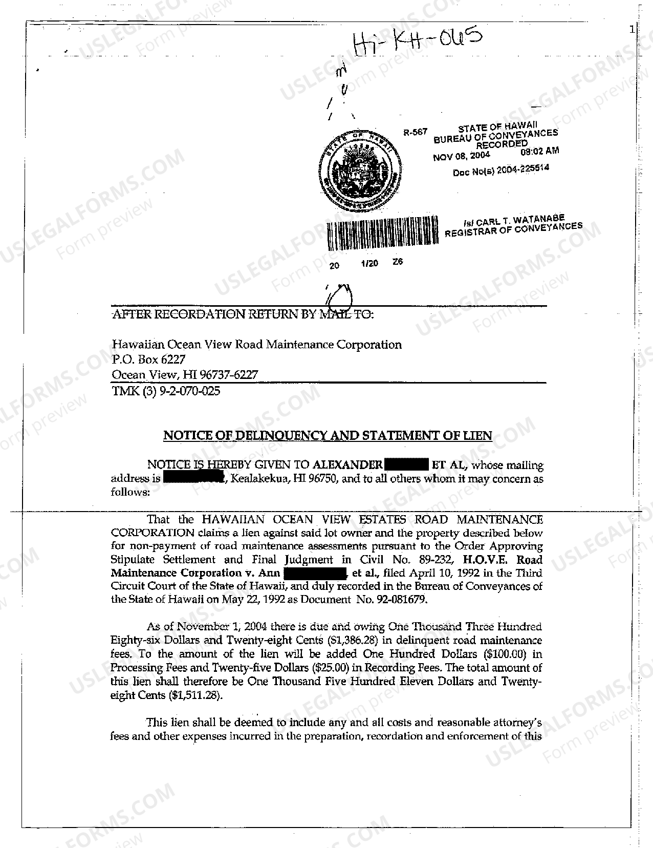 Hawaii Notice of Delinquency and Statement of Lien for Road Assessment ...