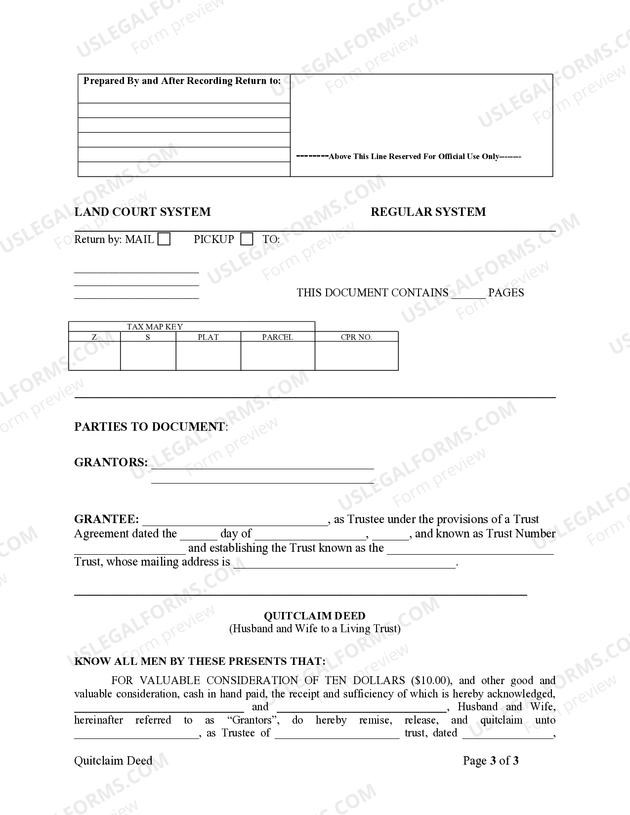 Hawaii Quitclaim Deed from Husband and Wife to Living Trust - Hawaii ...