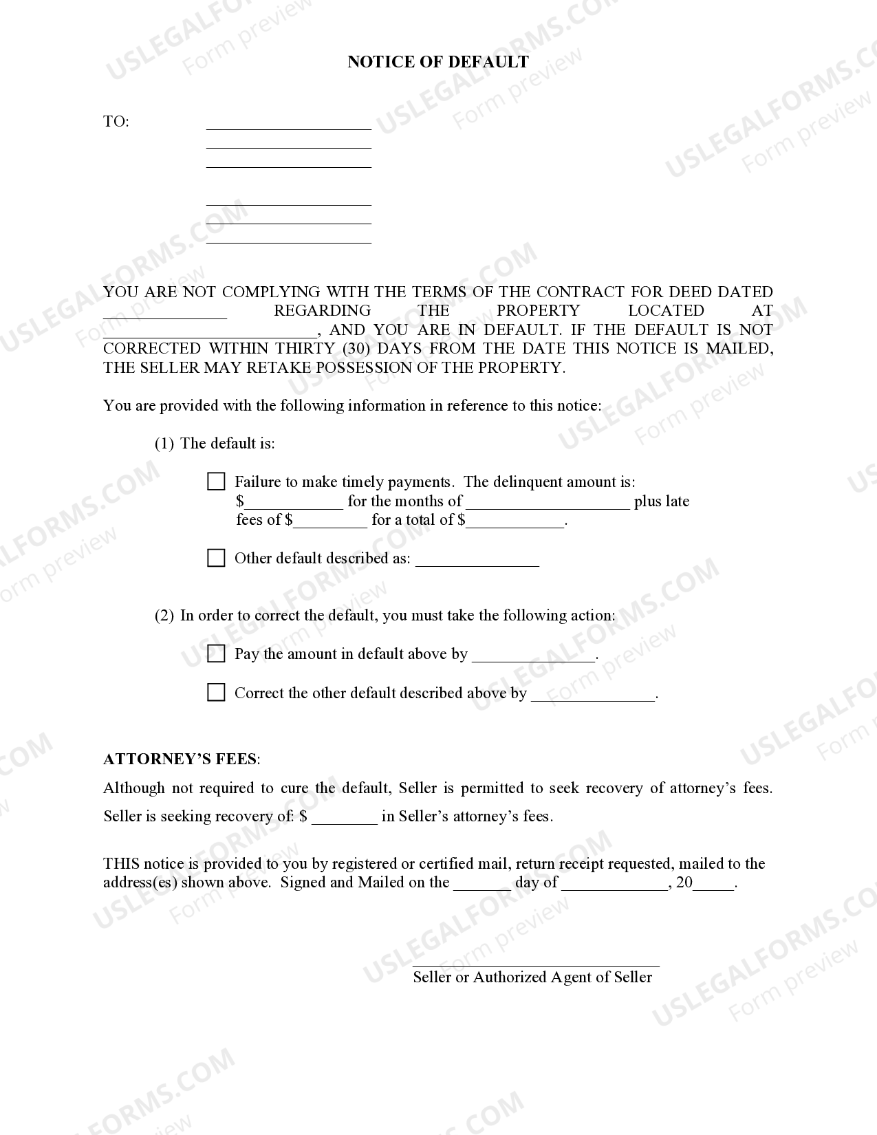 Iowa General Notice of Default for Contract for Deed | US Legal Forms