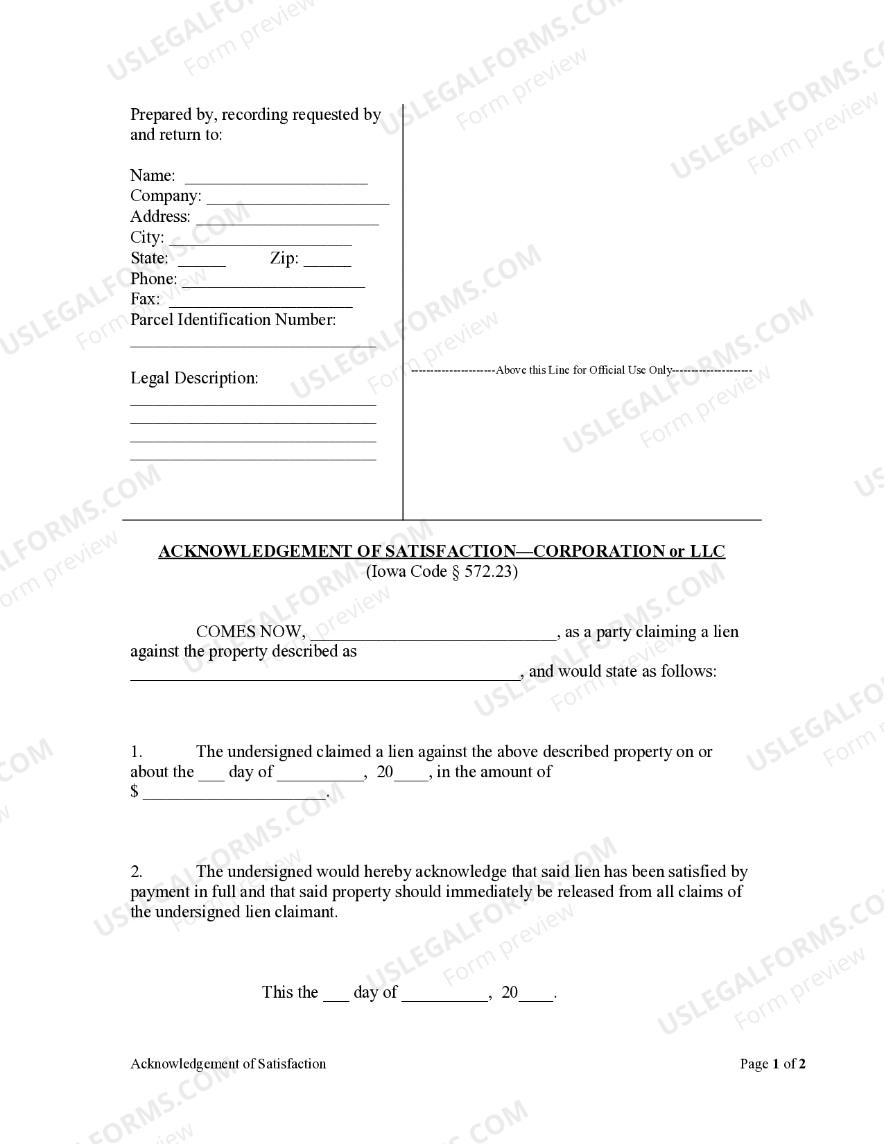 Iowa Acknowledgment of Satisfaction for Corporation or LLC | US Legal Forms