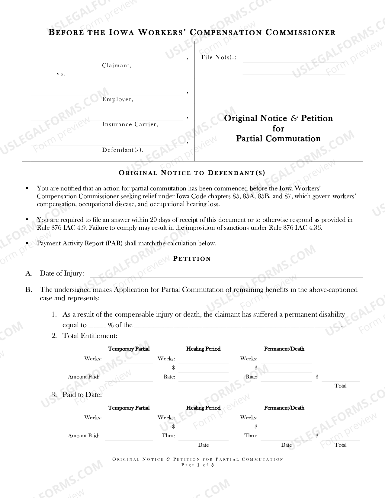 Iowa Original Notice and Petition and Order for Partial Commutation ...