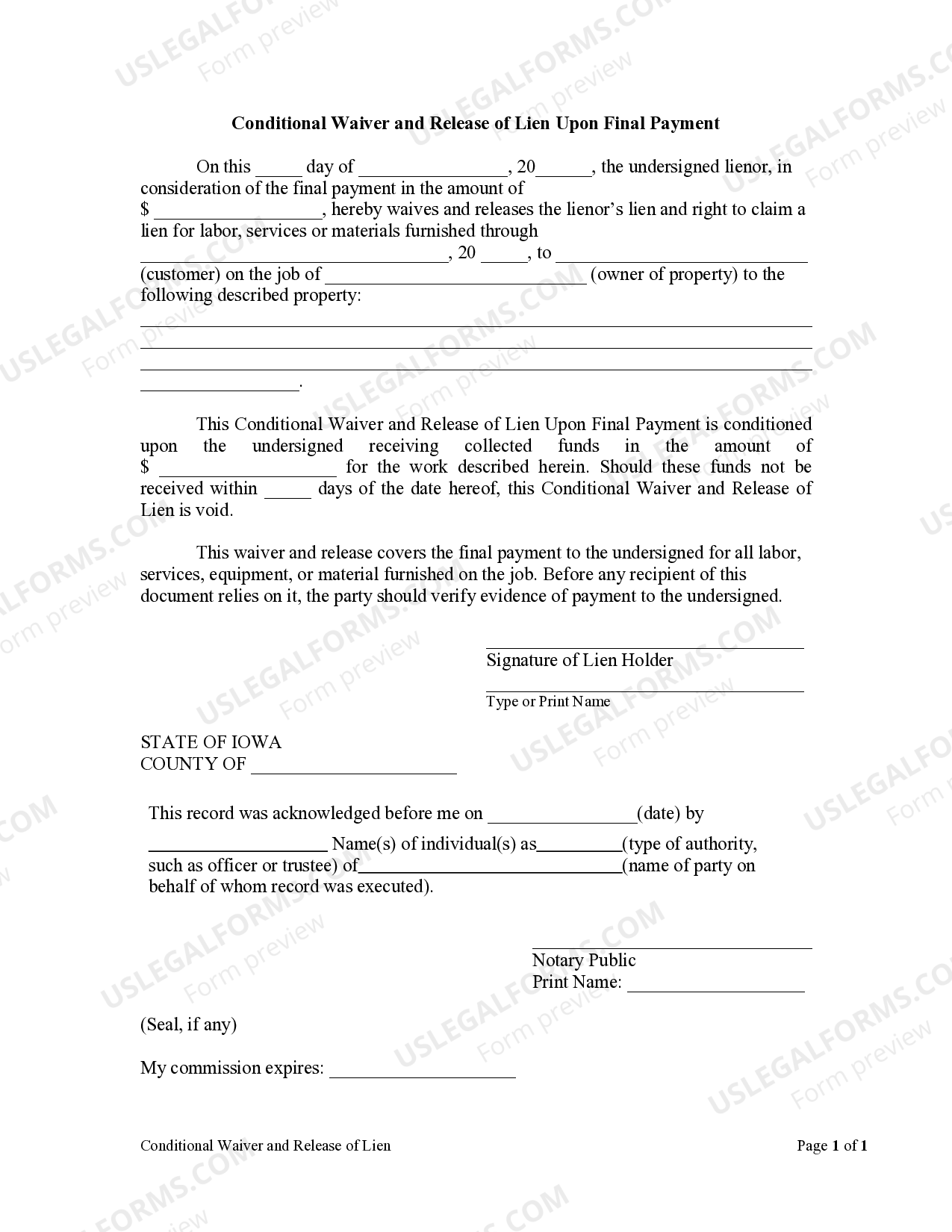 Iowa Conditional Waiver and Release of Lien Upon Final Payment - Final ...