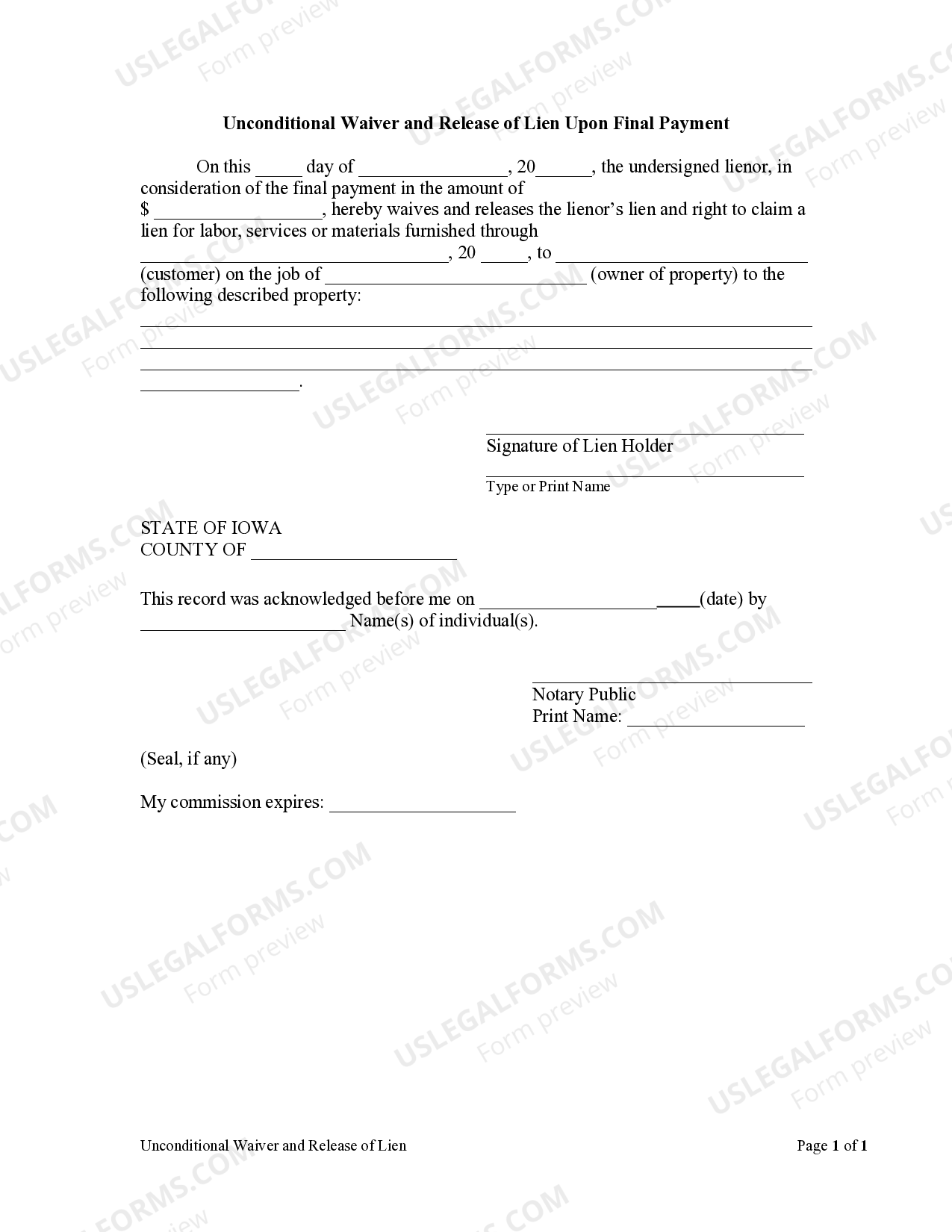 Iowa Unconditional Waiver and Release of Lien Upon Final Payment - Lien ...