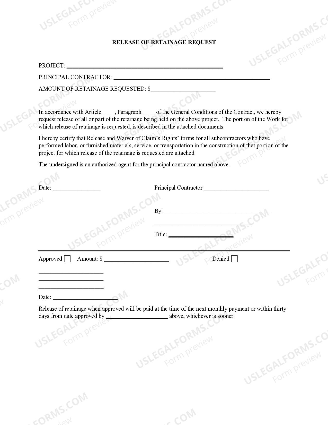 Iowa Release of Retainage Request | US Legal Forms