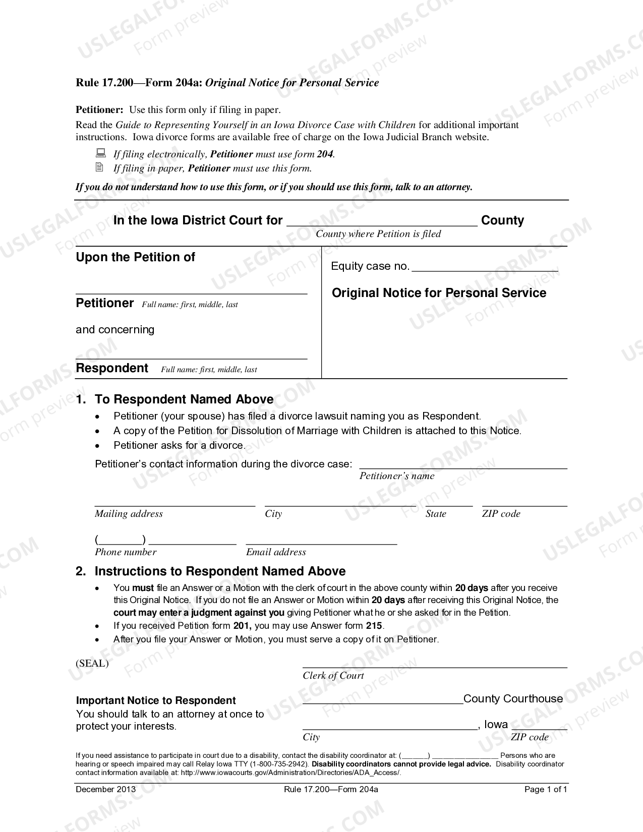 Iowa Original Notice - Divorce - Minor Children | US Legal Forms