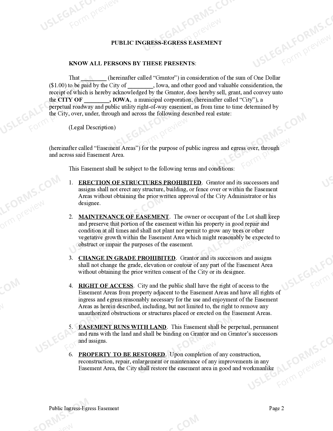 Iowa Public Ingress-Egress Easement | US Legal Forms