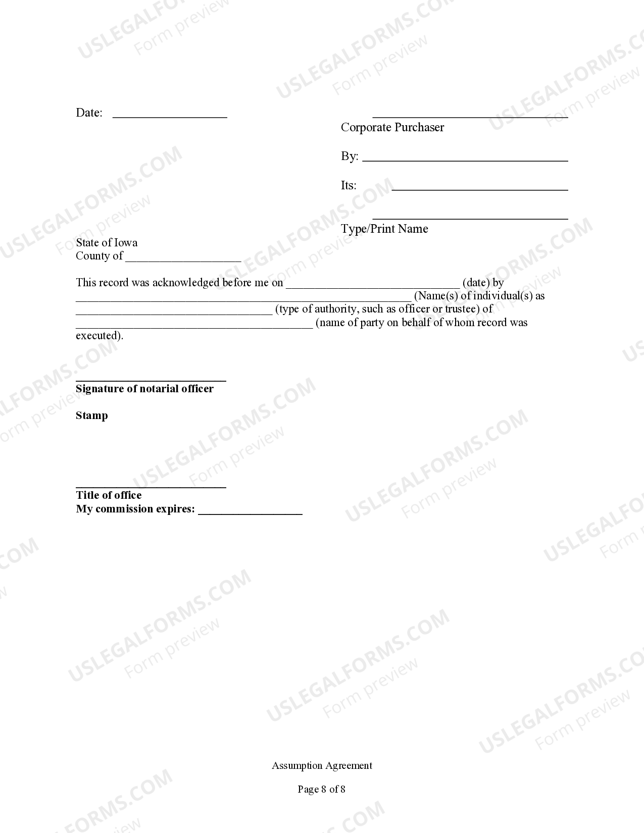 Iowa Assumption Agreement of Mortgage and Release of Original ...