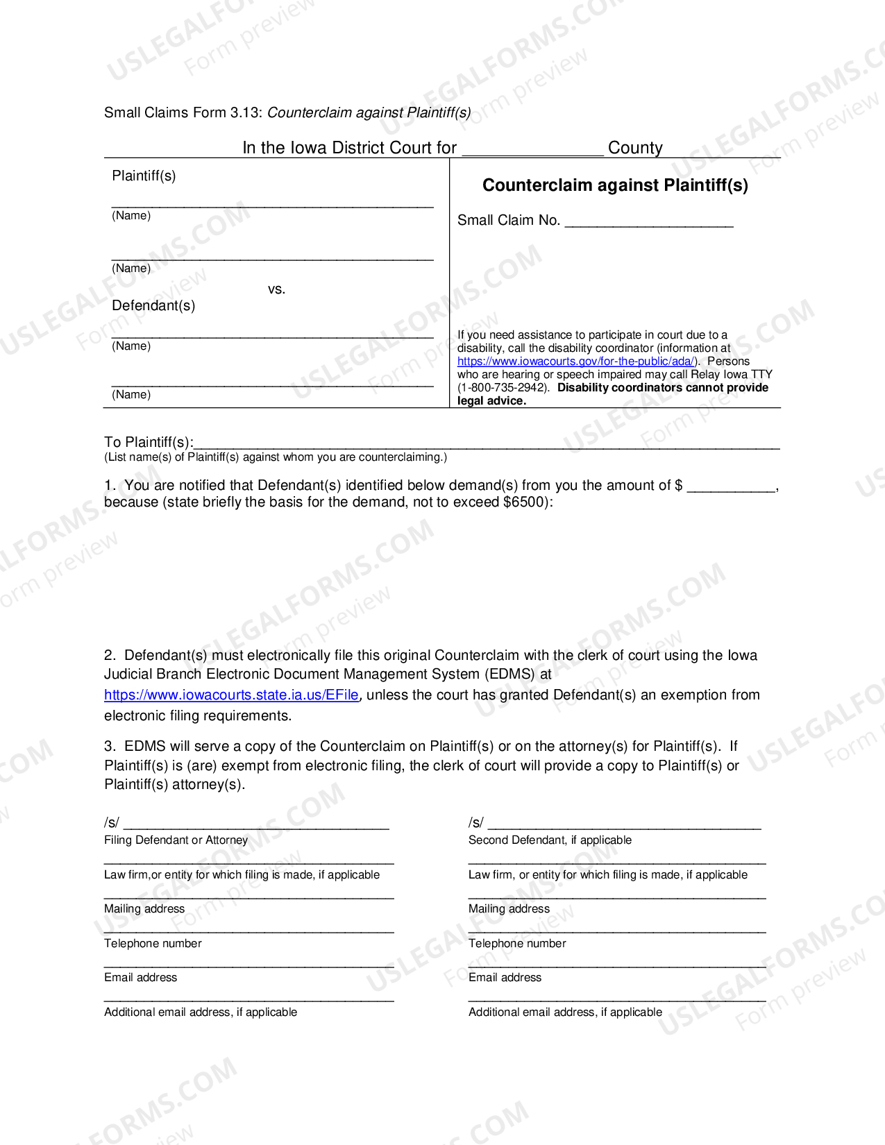 Iowa Counterclaim | US Legal Forms
